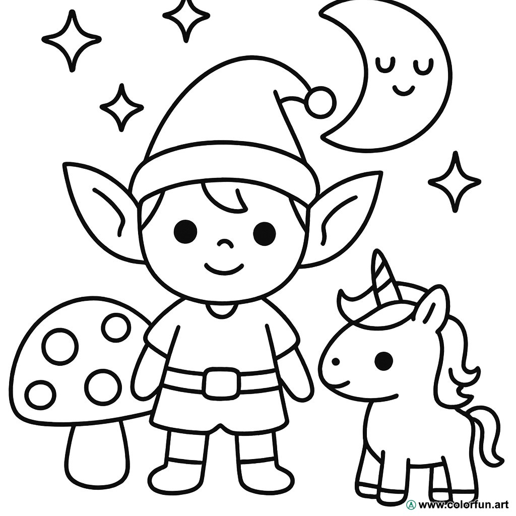 Planșă de colorat cu elf kawaii Descărcați sau tipăriți gratuit