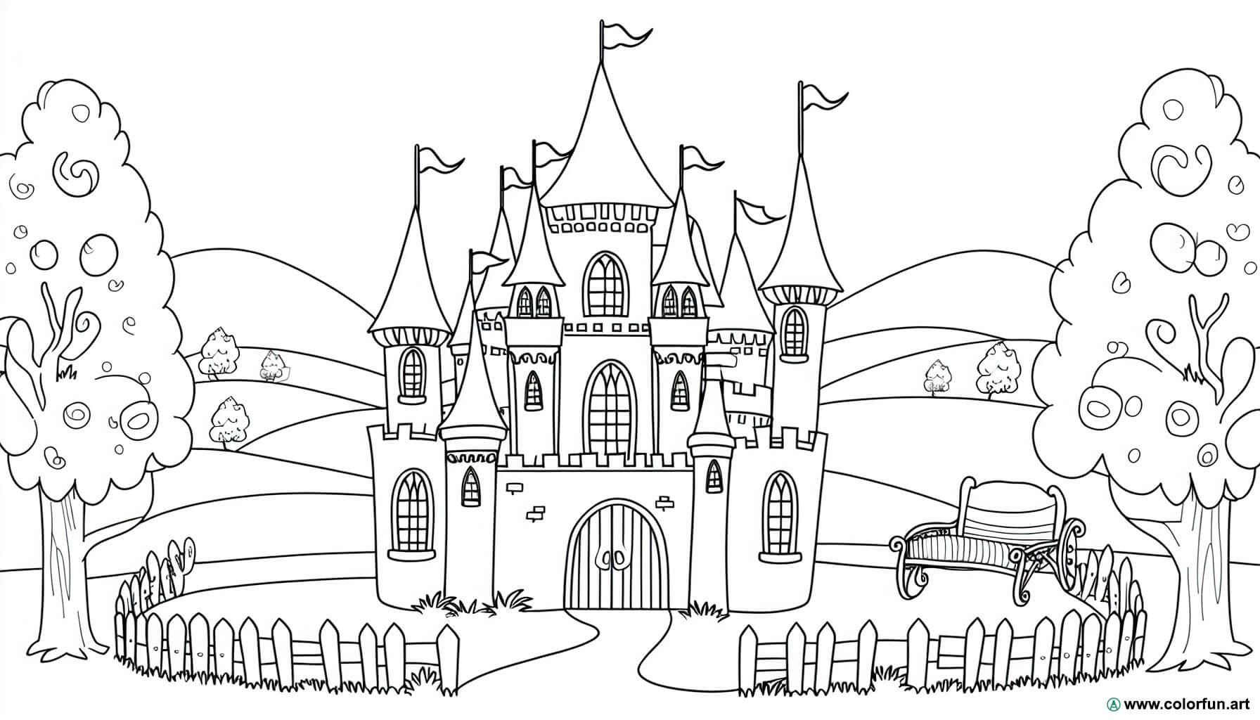 Planșă de colorat cu castel pentru prințese Descărcați sau tipăriți gratuit