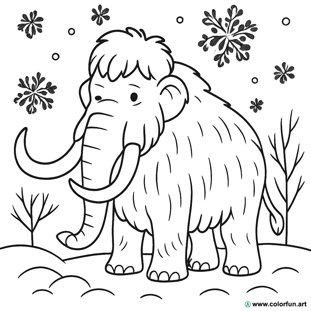 Planșă de colorat cu un mamut în zăpadă Descărcați sau tipăriți gratuit