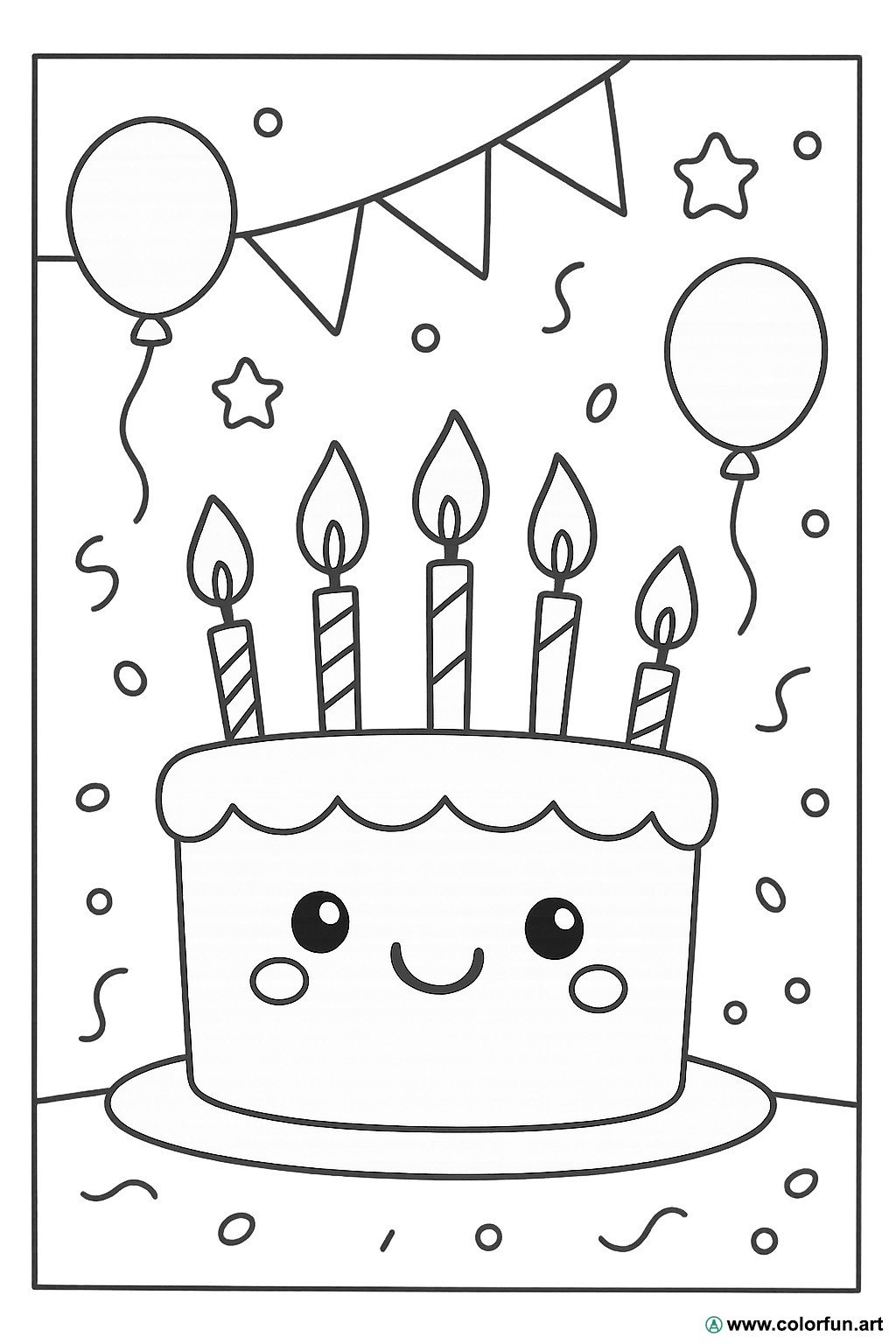 Planșă de colorat cu un tort de aniversare kawaii Descărcați sau ...