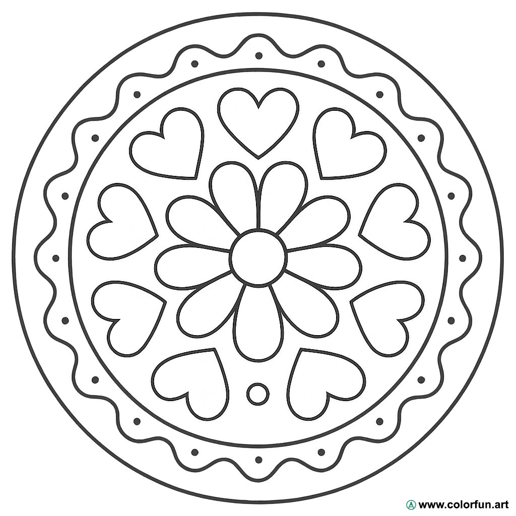 Planșă de colorat cu un mandala, floare și inimă Descărcați sau ...