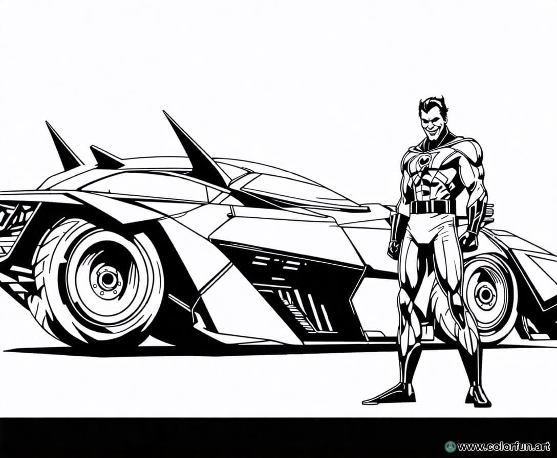 Planșă de colorat cu Batmobile și Jokerul Descărcați sau tipăriți gratuit
