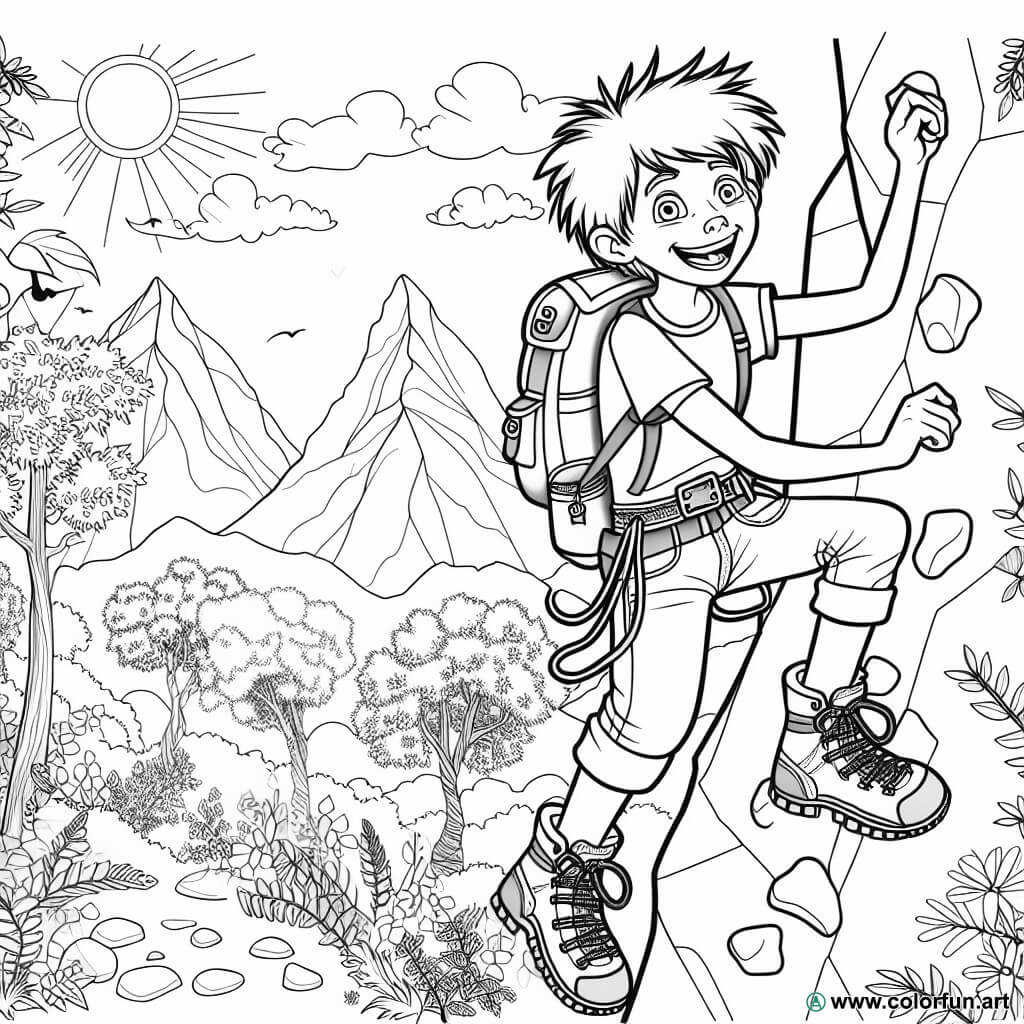 Planșă de colorat cu un alpinist în natură. Descărcați sau tipăriți gratuit
