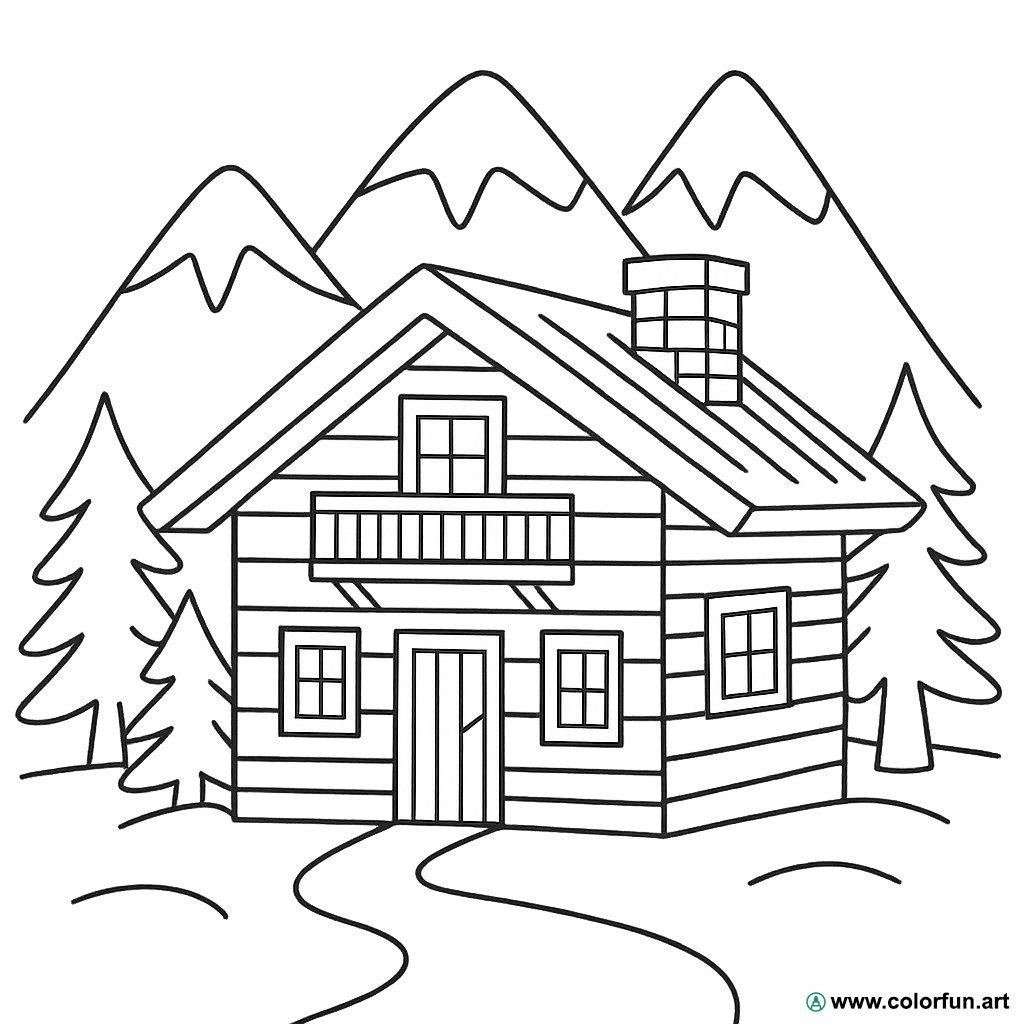 Planșă de colorat a unei cabane în munți Descărcați sau tipăriți gratuit