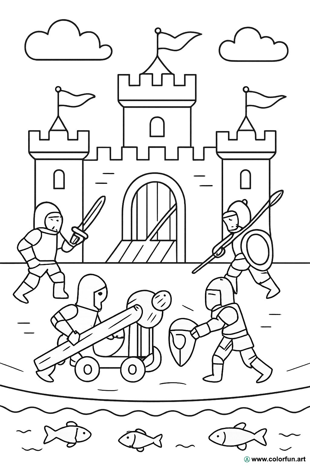 Planșă de colorat cu un castel fort atacat Descărcați sau tipăriți gratuit